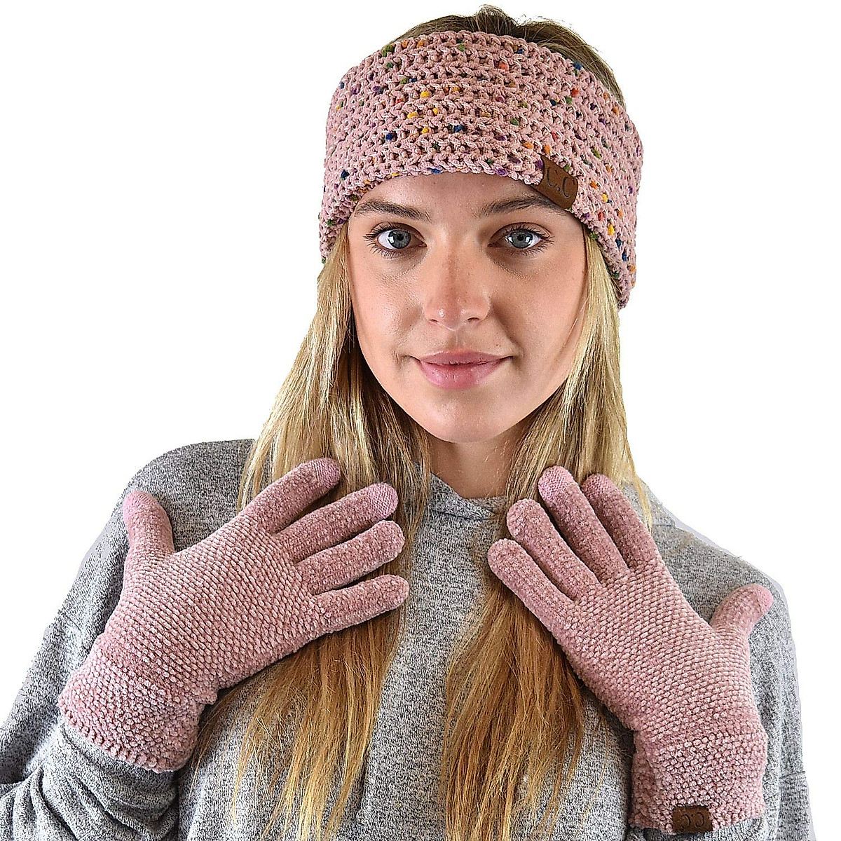 C.C Winter Warm Eco-Friendly Knit Chenille Touchscreen Texting Gloves, Rose