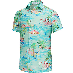 KYKU Men's Short Sleeve Tropical Shirts Hawaiian Button Down Shirt, Green, 2XL
