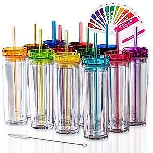SKINNY TUMBLERS 12 Colored Acrylic Tumblers with Lids and Straws | Skinny, 16oz Double Wall Clear Plastic Tumblers With FREE Straw Cleaner & Name Tags! Reusable Cup With Straw (Multicolors, 12)
