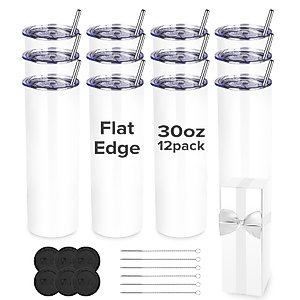 FASTSUB 30 oz Sublimation Tumbler Blank Bulk Cups Straight Skinny Stainless Steel Double Wall Vacuum Insulated with Lids and Straws Brush Silicone Coaster Ribbon for Tumbler Heat Press White 12 Pack