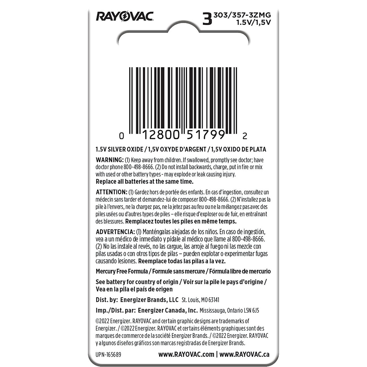 Rayovac LR44 Battery, Silver Oxide 303, 357, AG13, or SR44 1.5 Volt Batteries (3 Battery Count)