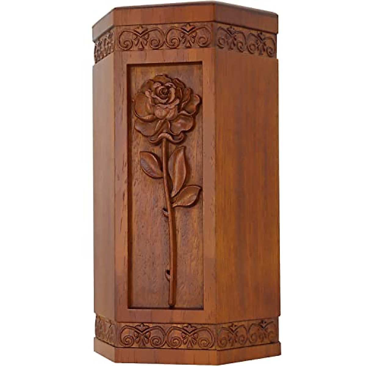 DABEETU Urns for Wooden, Cremation Urn for Human Ashes Adult - Hand Engraving Rose Flower - Funeral Urn for Mother/Dad - Display Burial at Home or in Niche at Columbarium (Large Wood Decorative Urn