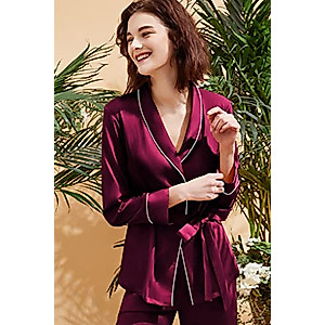 SWOMOG Womens Satin Pajamas Set Silk Long Sleeve Pjs Set V-Neck Robe and Pants Sleepwear S-XXL