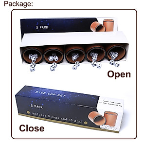 5 Pack PU Leather Dice Cups Felt Lining Quiet Shaker with 30 Dot Dice for Bar Party Yahtzee Farkle Dice Games