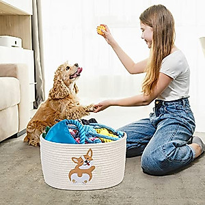 PrimePets Dog Toy Basket, Cotton Rope Storage Basket with Handles, 15x10x9 inch Dog Toy Bin, Puppy Bin, Small Laundry Basket for Kids, Gift for Dog Lovers