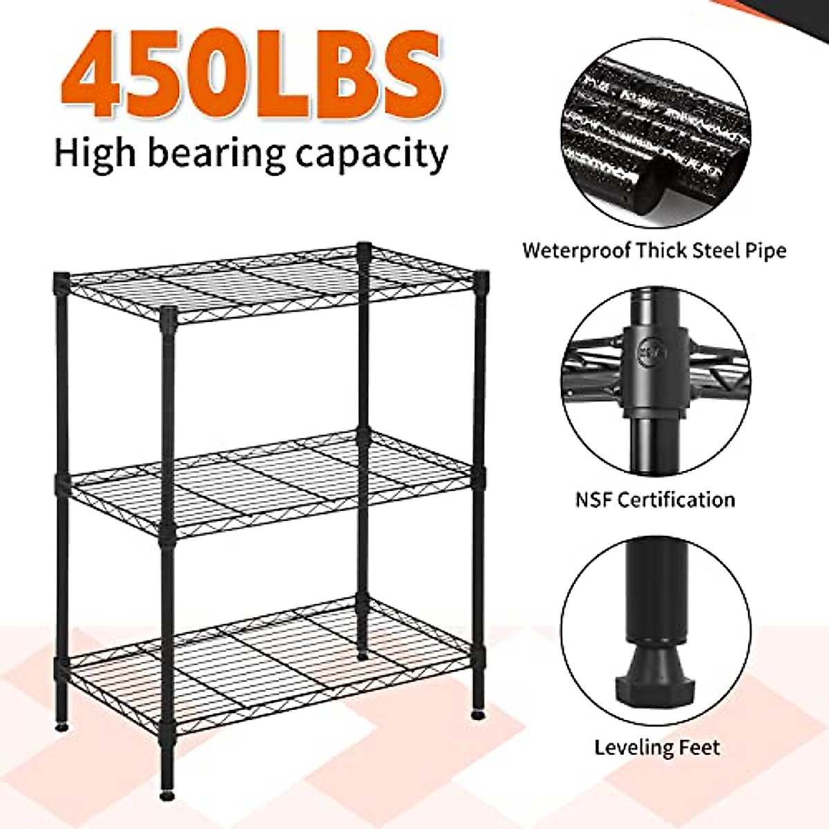 YRLLENSDAN 3 Tier Shelf, Small Closet Shelving Adjustable Shelving Unit Kitchen Storage Shelves with Wheels, Heavy Duty Steel Organizer Wire Rack, Black (32" H x 23" W x 13" D)