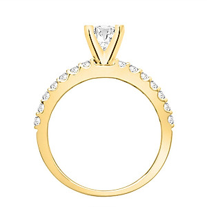 14K Yellow Gold 1.04 CTW Princess Cut Classic Side Stone Pave Set Diamond Engagement Ring, J Color I2 Clarity 0.74 Ct Center