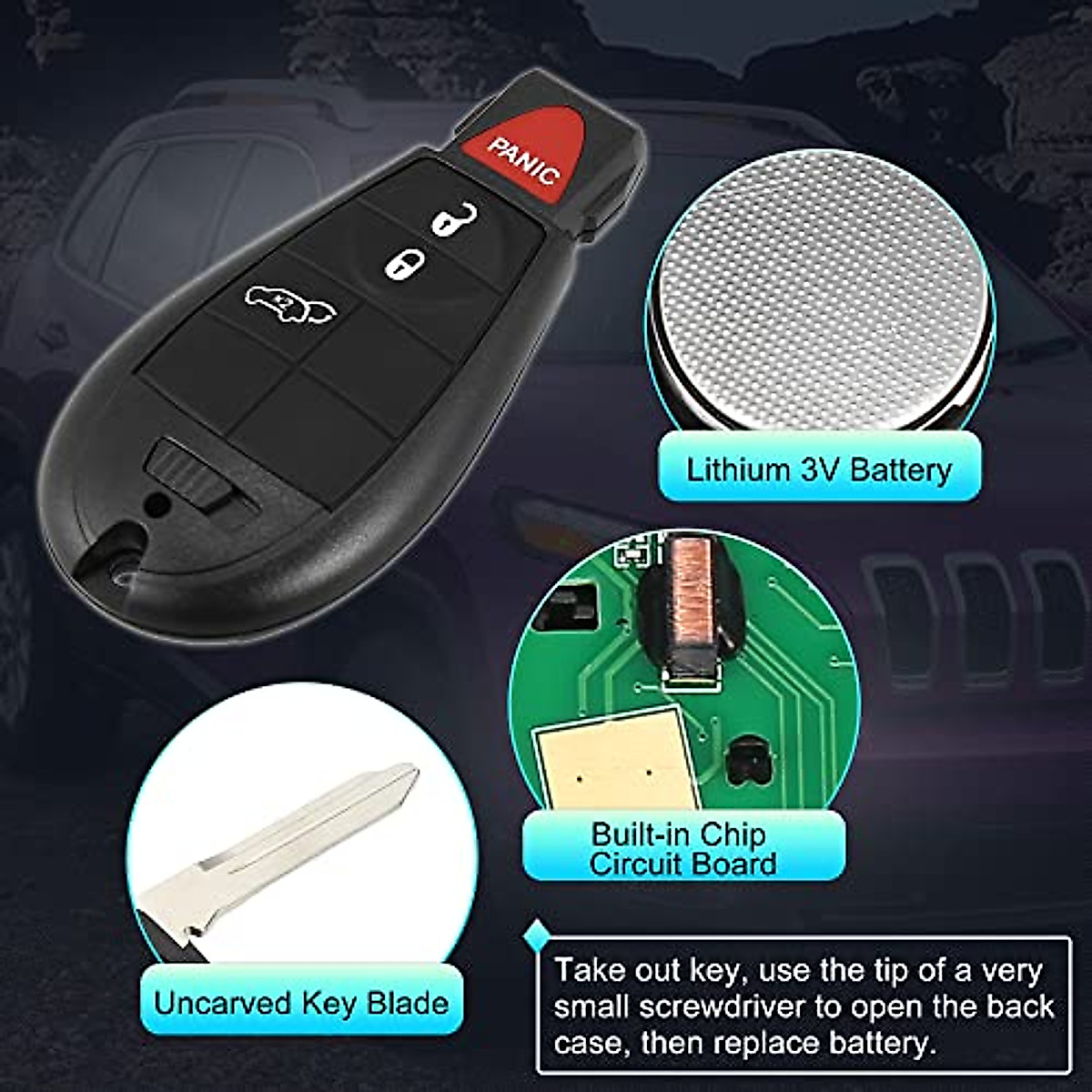 X AUTOHAUX Replacement Keyless Entry Remote Car Key Fob GQ4-53T 433Mhz for Jeep Cherokee 2014-2019 4 Buttons with Door Key