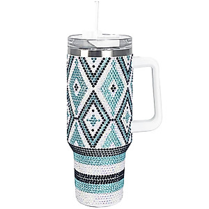 Cupcupmore 40oz Blue Diamond Bling Rhinestone Stainless Steel Sippy Tumbler Glitter Vacuum Insulated Water Bottle with Straw & Lid &Handle,Thermos for Hot & Cold Drinks,Car Cup Holder,Coffee