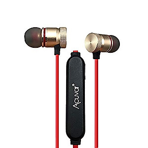 Acuvar Wireless Magnetic Rechargeable Ear Buds, in line mic, Volume, Play/Pause Controls (Gold/Red)