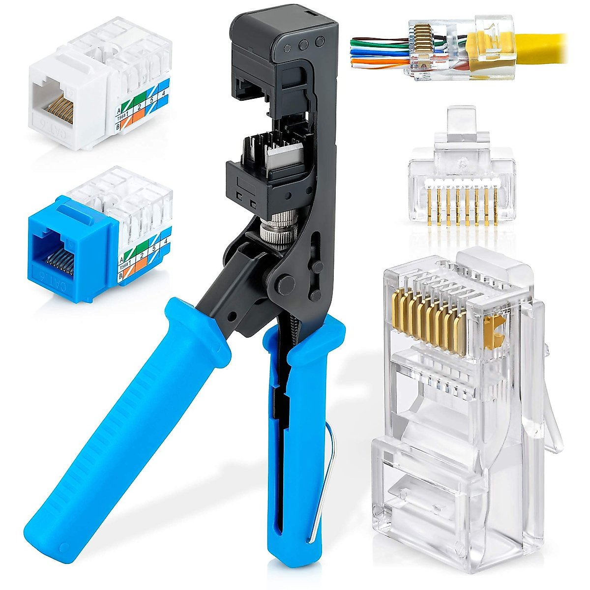GTZ Bundle – 2 Items: Speed Termination Tool with 20 Pack of RJ45 Keystone Jacks + 200 Pack of Cat6 Pass Through Connectors