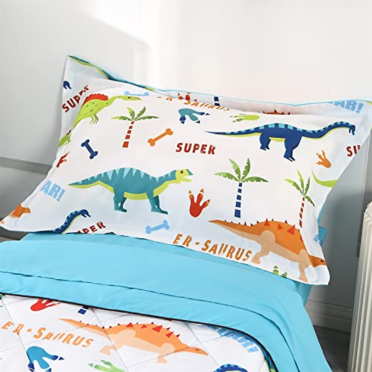 Wowelife Toddler Bedding Set Dinosaur for Boys, Premium 4 Piece Toddler Bed Set White Blue, Super Soft and Comfortable for Toddler