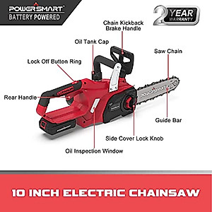 PowerSmart Electric Chainsaw 20V Battery Powered, Cordless Chain Saw With 10 Inch Chain and Bar, 2.0Ah Battery And Fast Charger Included, Power Chainsaw For Trees Wood Farm Garden Ranch Forest Cutting