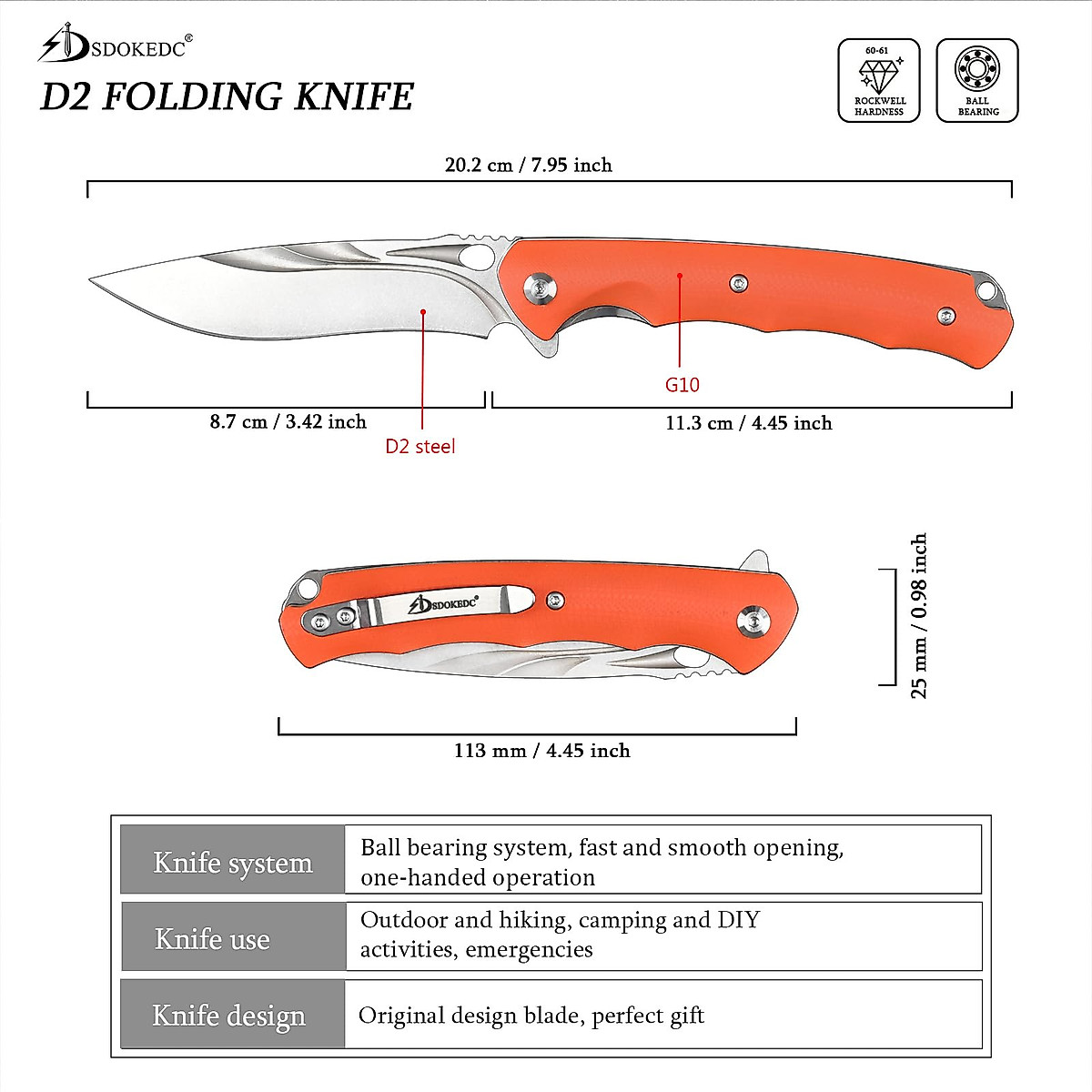 SDOKEDC Best Handmade Damascus Pocket Knife For Men Flipper Folding Hunting Knives With Liner Lock Clip Camping Survival Gear Edc Self Defense Knife (Orange G10)