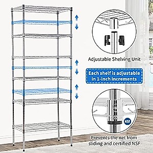 YYkokocat Metal Shelving Unit Detachable Storage Rack with 8 Leveling Feet Adjustable Storage Shelves Wire Shelves for Storage Kitchen Garage, 900LB Capacity, 59" H x 23" L x 14" D, Chrome