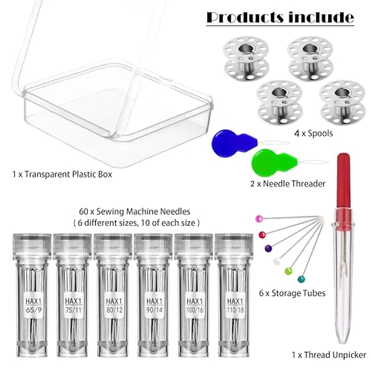 60Pcs Sewing Machine Needles Set Universal Standard Needle for Singer, Brother, Janome, Varmax, Home Sewing Machines Needles in Size HAX1 65/9, 75/11, 80/12, 90/14, 100/16, 110/18