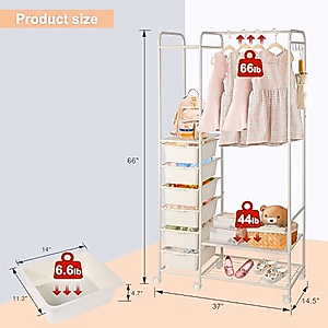 PACHIRA E-Commerce Rolling Clothes Rack for Hanging Clothes 6 Drawers, White Clothing Racks on Wheels Freestanding Clothing Garment Rack 37" W x 14.5" D x 66" H