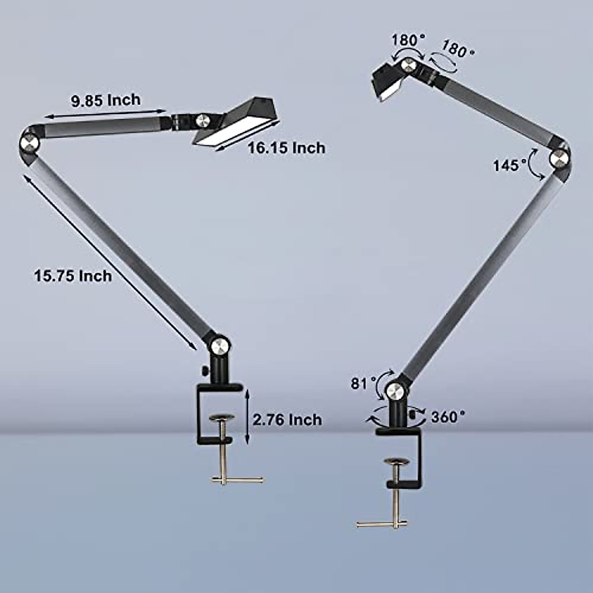 Eye-Caring Desk Lamp for Home Office, Architect Lamp with Clamp, 5 Color Modes & Brightness Levels, 60" Timer, 4-Joint Axis&120°Polarized Design, Flicker-free, 12W Desk Light for Working・Studying