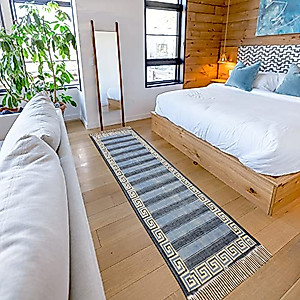 Casavani Hand Block Printed Cotton Dhurrie Striped Tassel Rug Boho Area Rug Easy Care Washable Rugs for Doormat Entryway Living Room Bedroom Hallway Balcony 6x12 Feet Runner