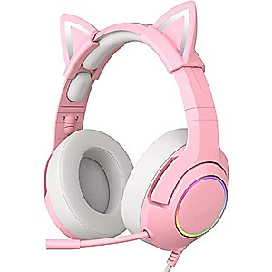 PHNIXGAM Pink Girl Gaming Headset for PS4, PS5, Xbox One(No Adapter), Wired Over-Ear Headphones with Detachable Cat Ears, Noise Cancelling Microphone, RGB Backlight, Surround Sound for PC