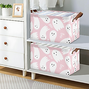 CEBUGI Pink Cute Halloween Apparitions Large Waterproof Collapsible Storage Bin Foldable Canvas Fabric Open Storage Basket Cube Box with Iron Frame