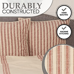 Market Place Red Luxury King Quilt, 100% Cotton Quilted Bedspread with Red Ticking, Hand Quilted Grain Sack Bed Spread Bedding for Boho, Shabby Chic and Rustic Farmhouse Decor (105”x120”)