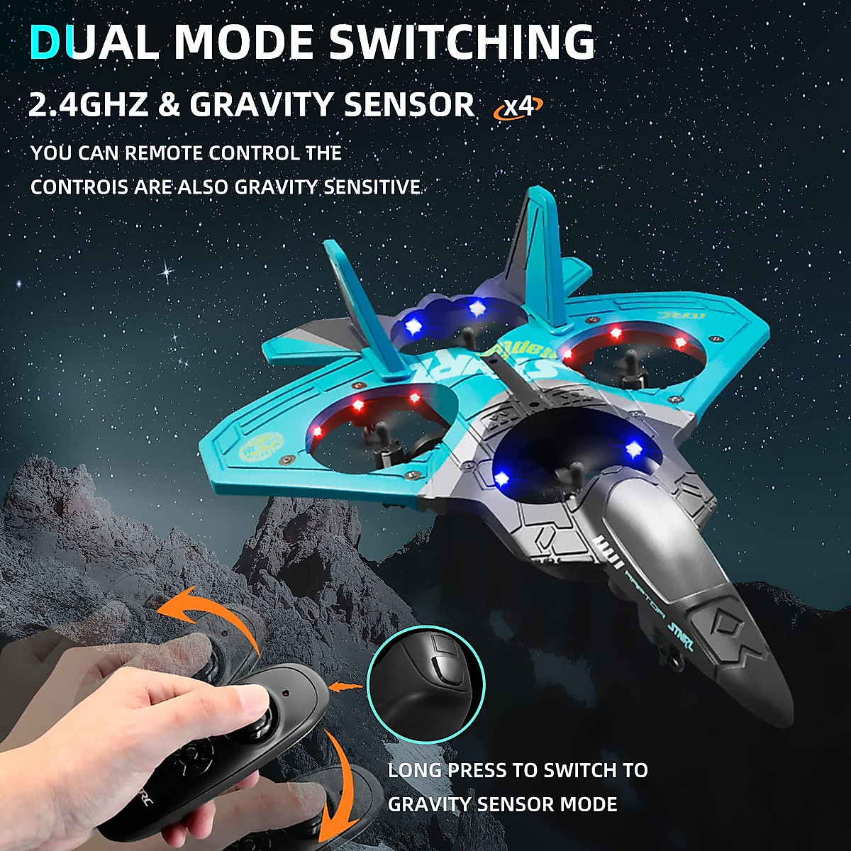 TIKHOSEN Rc Plane for Kids Drones for Age 8-12 Remote Control Foam Airplane for Kids Ages 8-12 Fighter Jet Toy Airplane with Function Gravity Sensing Stunt Roll Cool Light Styrofoam Plane (B)