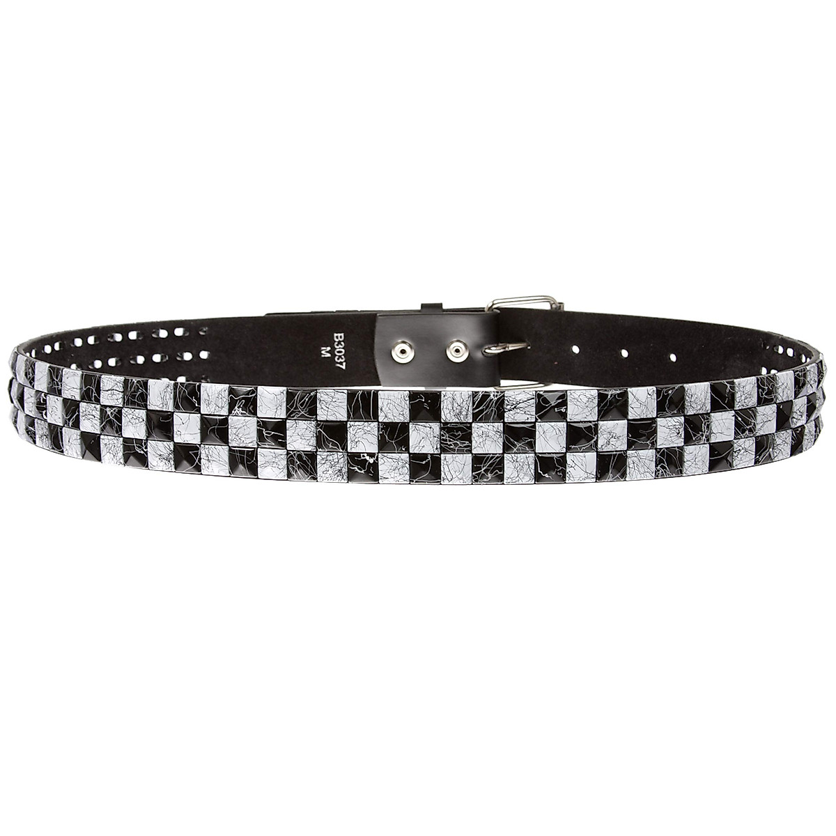 Snap On 1 1/2" White & Black Checkerboard Punk Rock Studded Belt, l 36"-38"