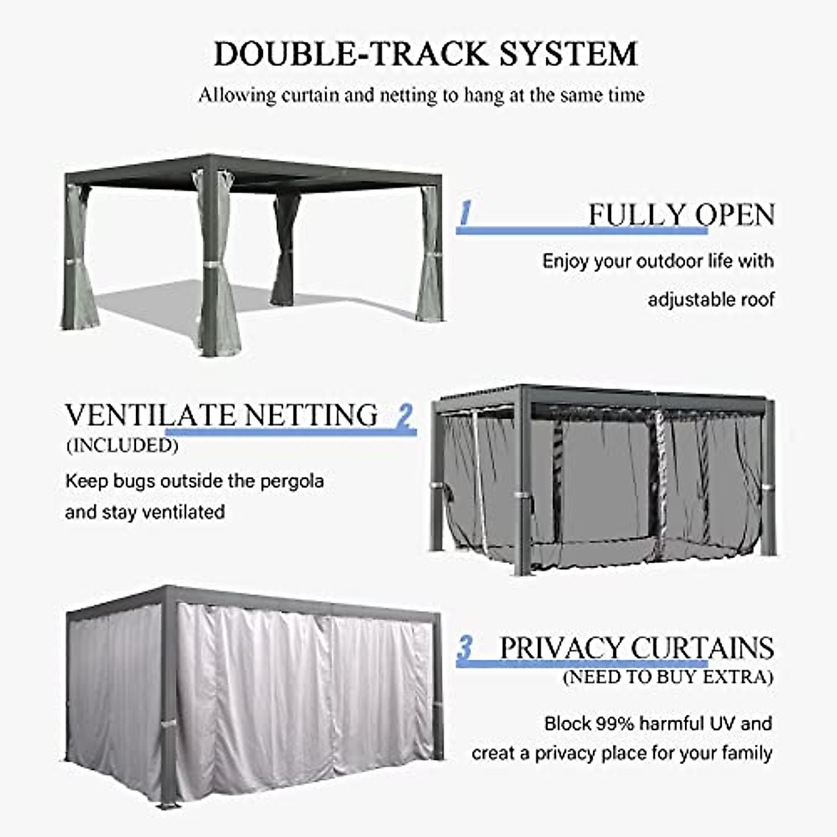 Domi Outdoor Living 10’ x 13’ Louvered Pergola with Adjustable Rainproof Roof, Outdoor Aluminum Frame Hardtop Gazebo for Backyard, Garden and Lawn w/Netting (Dark Gray)