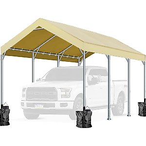 FINFREE 10x20 ft Heavy Duty Carports Car Canopy, Garage Shelter for Outdoor Party, Birthday, Garden, Boat, Adjustable Height from 9.5 ft to 11 ft,Beige