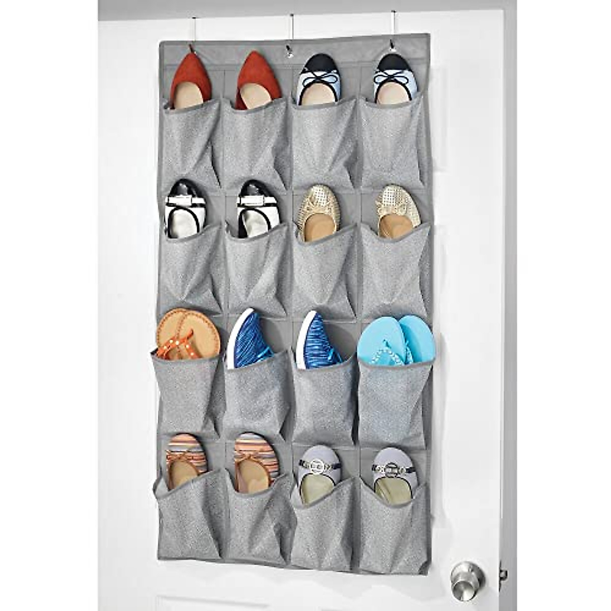 mDesign Soft Fabric Over the Door Hanging Storage Organizer with 16 Deep Pockets for Child/Kids Room, Nursery, Playroom - Metal Hooks Included - Herringbone Print - Gray