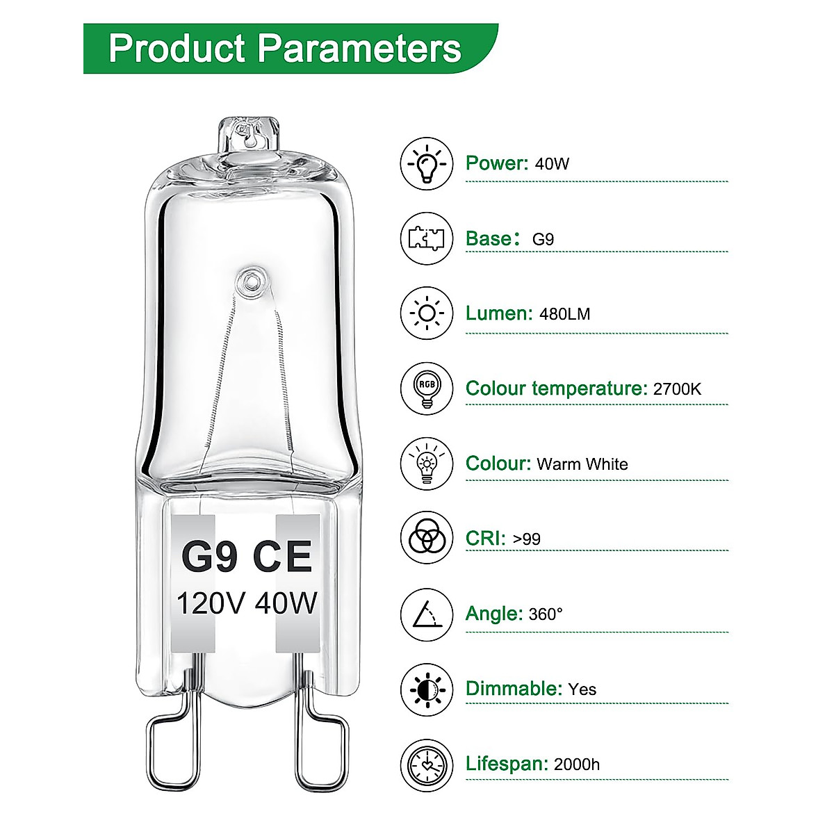 AUZOSL G9 Halogen Bulbs, 12 Pack, 120V, 40W, Dimmable, T4 2 Pin Base, 2700K Warm White (40, Watts)