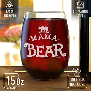 Mama Bear Laser Engraved Stemless Wine Glass 15 oz. Gift for Mom