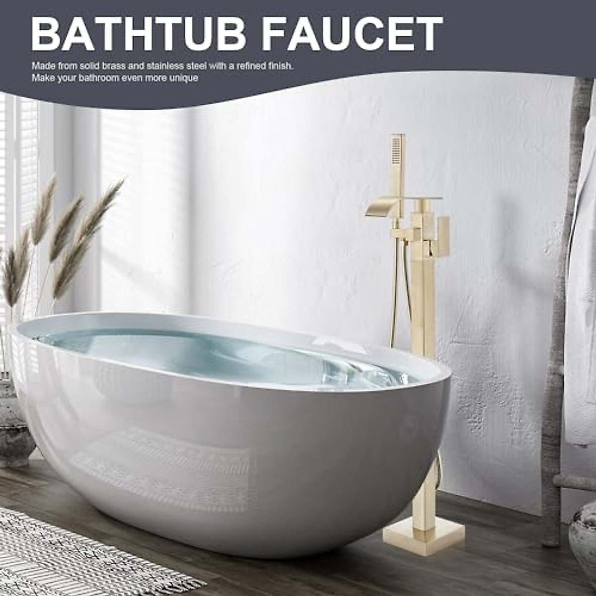 Senlesen Freestanding Bathtub Faucets Floor Mounted Tub Filler Faucet with Handshower Brushed Gold