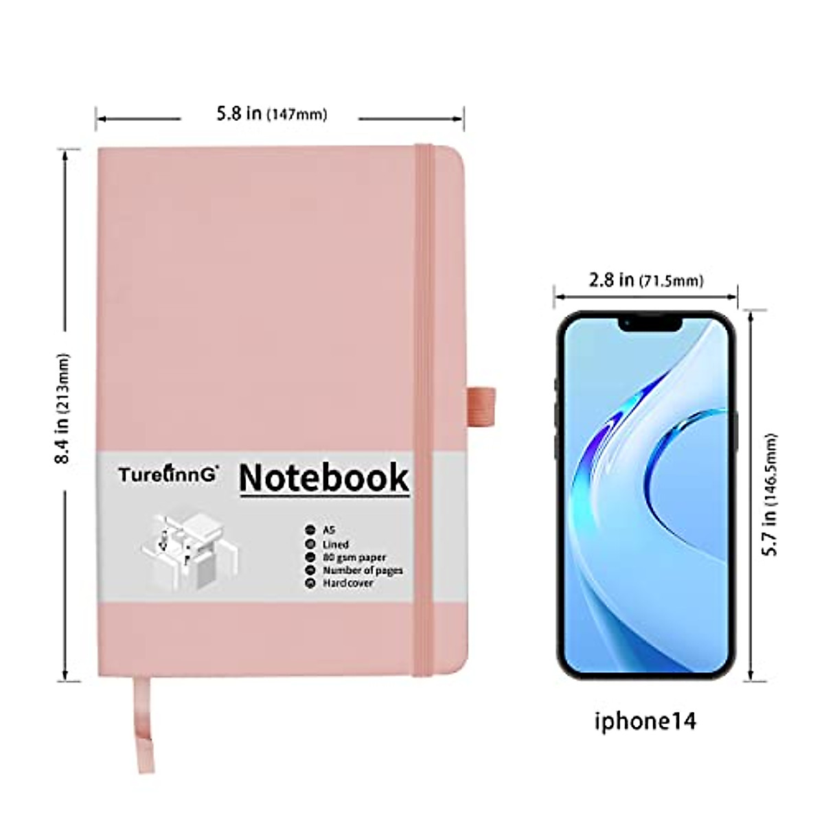 TurelinnG Hardback A5 Classic Notebook 196 Pages (Pink) A5 Journal Notebook ,Lined Hardback Notebook with Pen Holder ,192 Pages ,5.7 inches * 8.4 inches - for Women and Men
