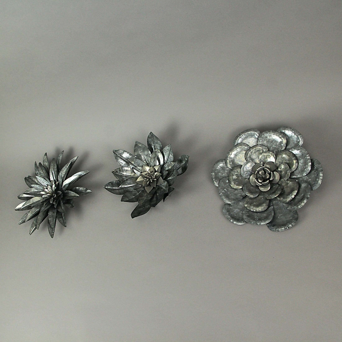 Zeckos Set of 3 Galvanized Metal Flower Wall Hanging Sculptures Home Decor Floral Art 10 Inches High - Nature Accents for Country or Farmhouse - Easy Install
