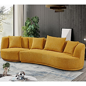WILLIAMSPACE 109.84" Modern Curved Sofa Couch with 360° Swivel Arm Chair, Modern Upholstery Boucle Sofa 3 Seat Couch with 4 Throw Pillows, Luxury Curved Couch for Living Room Apartment (Yellow)