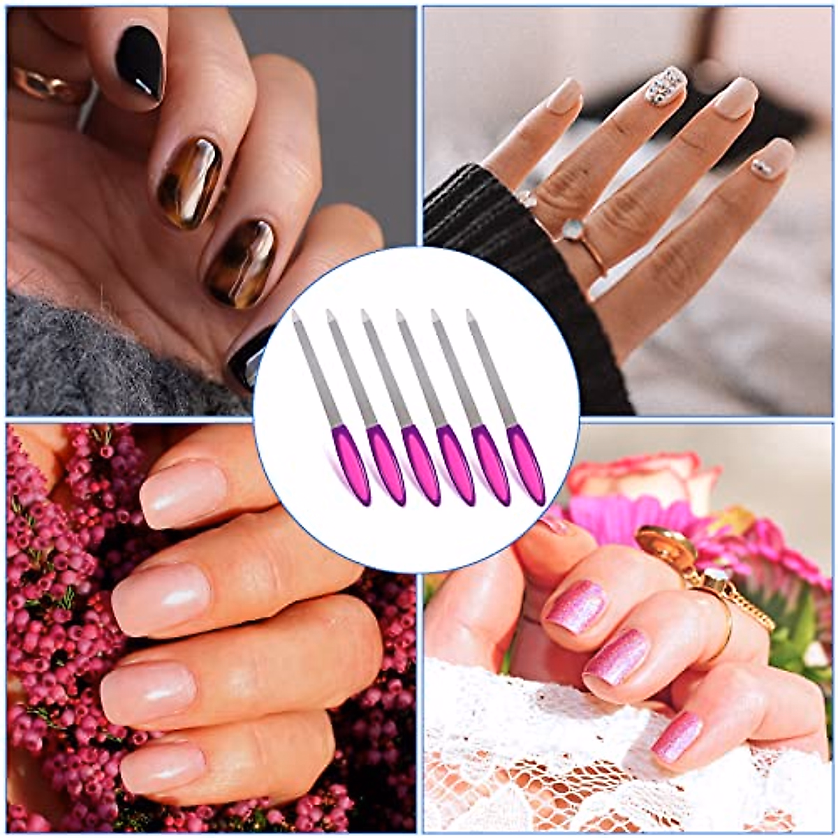 Metal Nail File (6 Pcs), Fingernail Files for Natural Nails Made of Stainless Steel Nail Files with Sharp Pointed Tip Non Slip Handle Diamond Finger Nail Filers Sapphire Grit Purple Pink