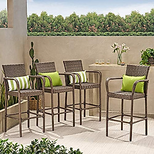 Christopher Knight Home Delfina Outdoor Wicker Barstools with Iron Frame, 4-Pcs Set, Mix Mocha