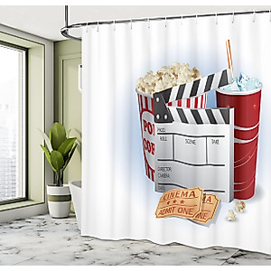 Ambesonne Movie Theater Shower Curtain, Soda Tickets Fresh Popcorn and Clapper Board Blockbuster Premiere Cinema, Cloth Fabric Bathroom Decor Set with Hooks, 69" W x 70" L, Pale Blue Ruby