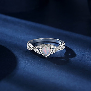 Junikool Opal Ring Dainty Simple Rings for Women Oval Lab Created White Opal & Round Cubic Zirconia Personalized Engraved Custom Name Sterling Silver