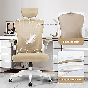 SenceHome Office Chairs, Ergonomic Office Chair, High Back Desk Chair with Adjustable Headrests, Lumbar Support and Flip-up Armrests, Breathable Mesh Computer Chair for Home Office (Khaki)