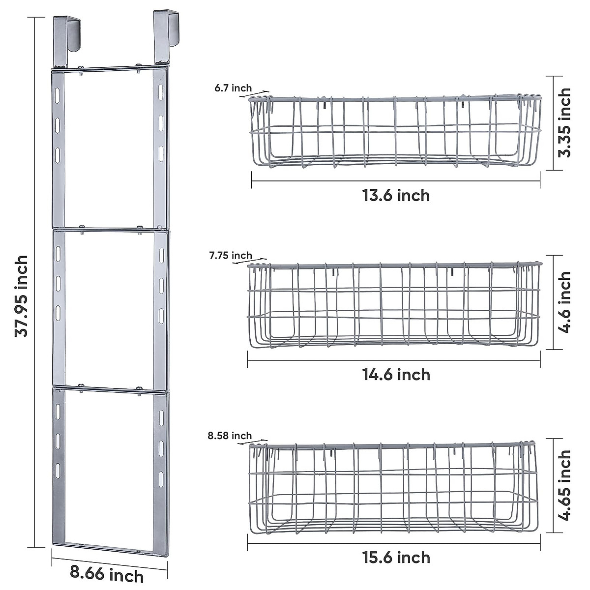 Detachable 3-Basket Over The Door Organizer, Heavy Duty Iron Hanging Shelf Door Back Storage Organizer Rack for Kitchen, Bathroom(Black).