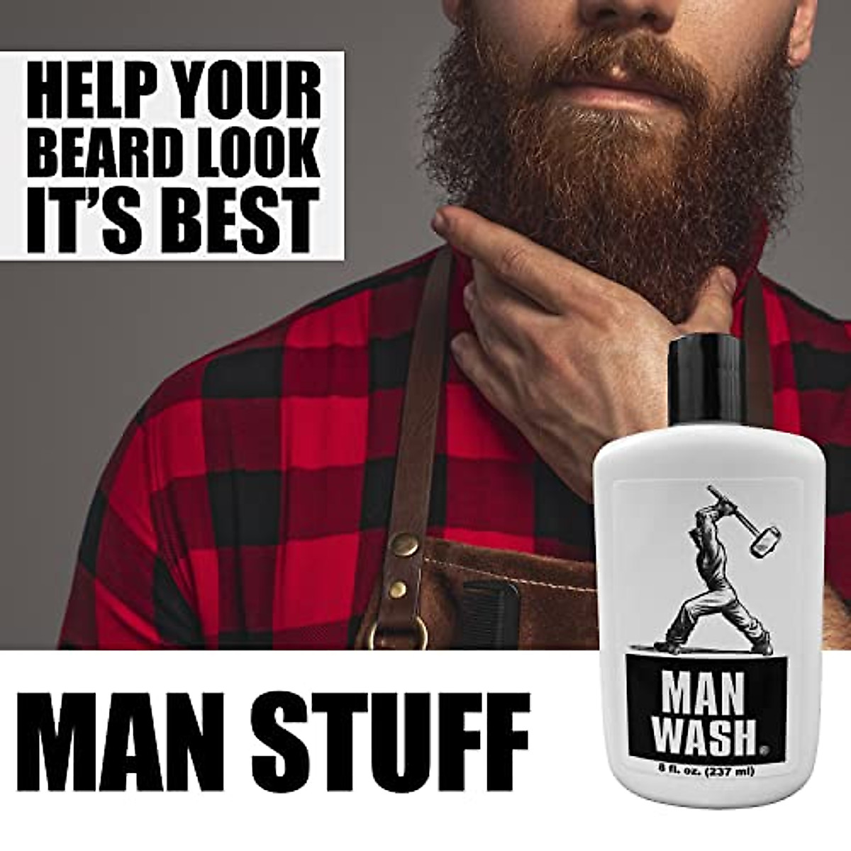 Man Stuff Man Wash Beard Wash and All in One Mens Body Wash and Shampoo | Cleanses and Softens | Natural Hydrating Ingredients | Vegan Beard Wash for Men | Paraben Free | Beard Care Gift (8 oz)