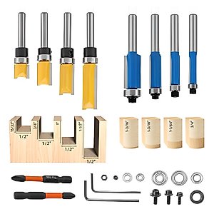 Router Bits Set 1/4 Shank, 4 Flush Trim Router Bits, 4 Pattern Flush Trim Router Bits, Router Bit with a Bearing Prevent Tearing, Wood Milling Cutter for Trimming 8PCS