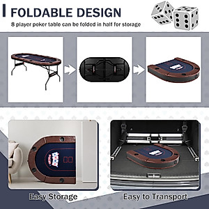 RayChee Foldable Poker Table, 8 Player Texas Holdem Table, Folding Leisure Game Table, Portable Casino Table for Game Room with Padded Rails and Cup Holders (Brown, 71 inch)