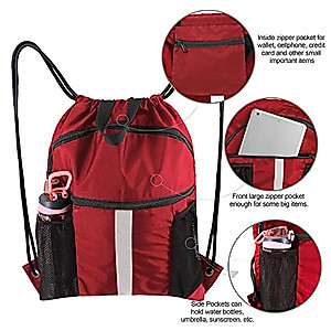 BeeGreen Red Drawstring Backpack Bag w Water Bottle Pockets Large String Workout Bag Sackpack w Zipper Pockets Shoe Compartment Swim Sports Cinch Bag for Gym Yoga