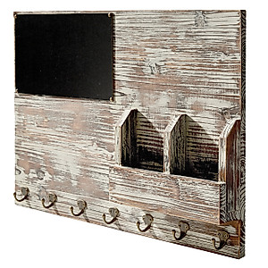 MyGift Torched Wood Wall Mounted Entryway Key Hook Rack, All-in-One Organizer with Chalkboard, Memo Clips, Mail Sorter and Hanging Hooks