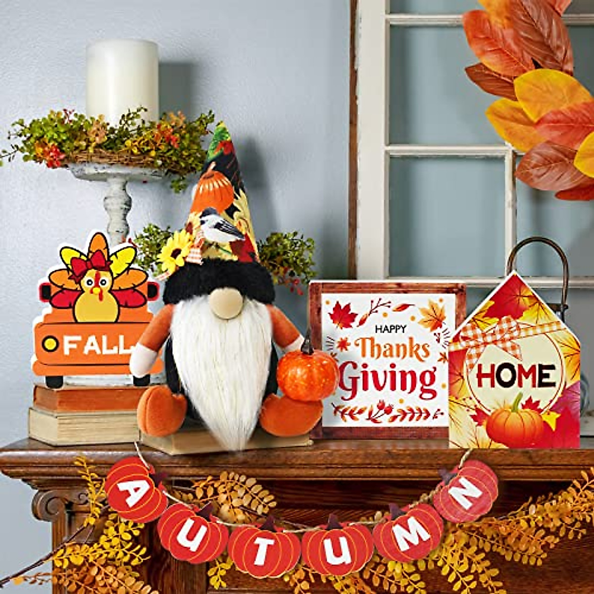 Thanksgiving Decorations, Fall Thanksgiving Tiered Tray Decor Bundle , Thanksgiving Gnome Plush,Fall Wood Signs for Fall Harvest , Thanksgiving Day, Autumn Home and Office Decor -(Tray Not Included)