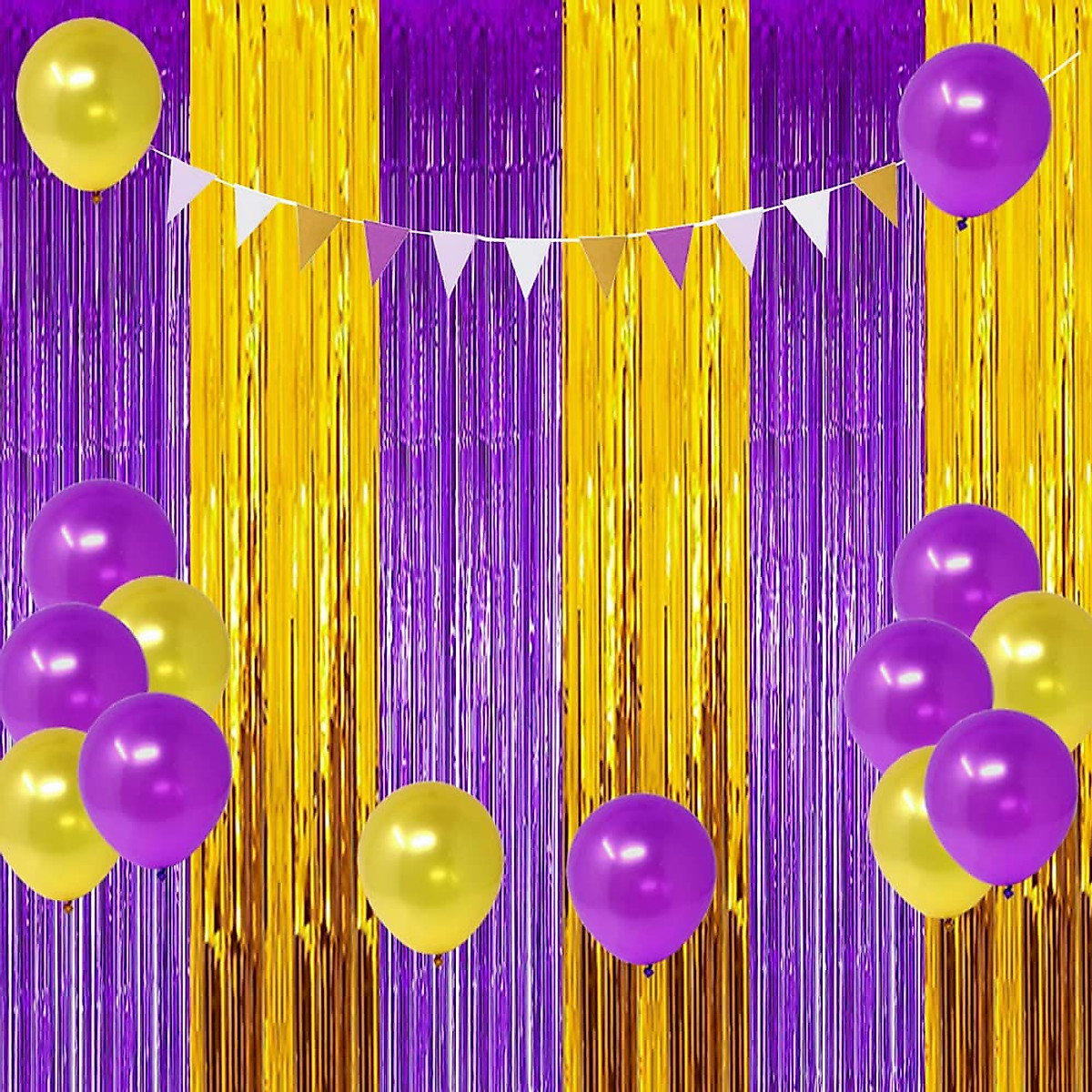 Purple and Gold Party Decoration, Purple Gold Graduation Backdrop 2025, Purple Gold Backdrop Foil Fringe Curtains Photo Streamers for Baby Shower Islamic Eid Mubarak Party Decor (3 Pack)